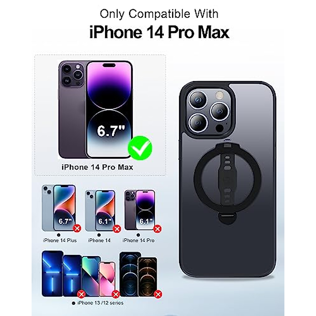 EWA Designed for iPhone 14 Pro Max Case (6.7 Inch) Compatible with MagSafe, MagOne Case with Stand, Ring Holder Strap Grip, Shockproof Protection (Matt Black)