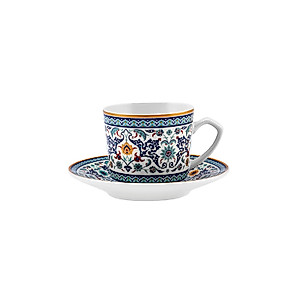 KARACA Beylerbeyi Porcelain Turkish Coffee Cup Set of 6, 12 Piece, 80ml, 6 Porcelain Coffee cups, Espresso Cups with Saucers, Porcelain Design with Blue and White Patterns
