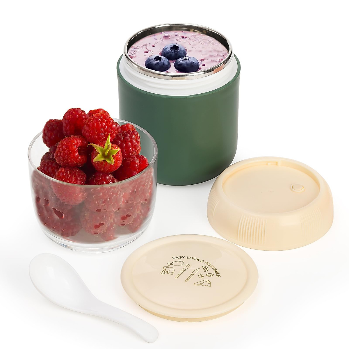 Eorbow 2 Pack Insulated Yogurt Container, 24oz Breakfast On the Go Cup with Plastic Topping Cereal Oatmeal Cup, 2-in-1 Food Storage Jar with Lid and Spoon, Overnight Oats Container for Soup Lunch