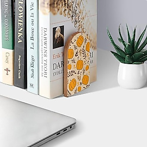 Autumn Pumpkin Doodle Leaves Book Ends Decorative Wood Bookends for Shelves Kids Room Desk Home Office Book Stoppers for Magazines,Books, DVDs, 1 Pair/2 Pieces(5x3.1 in)