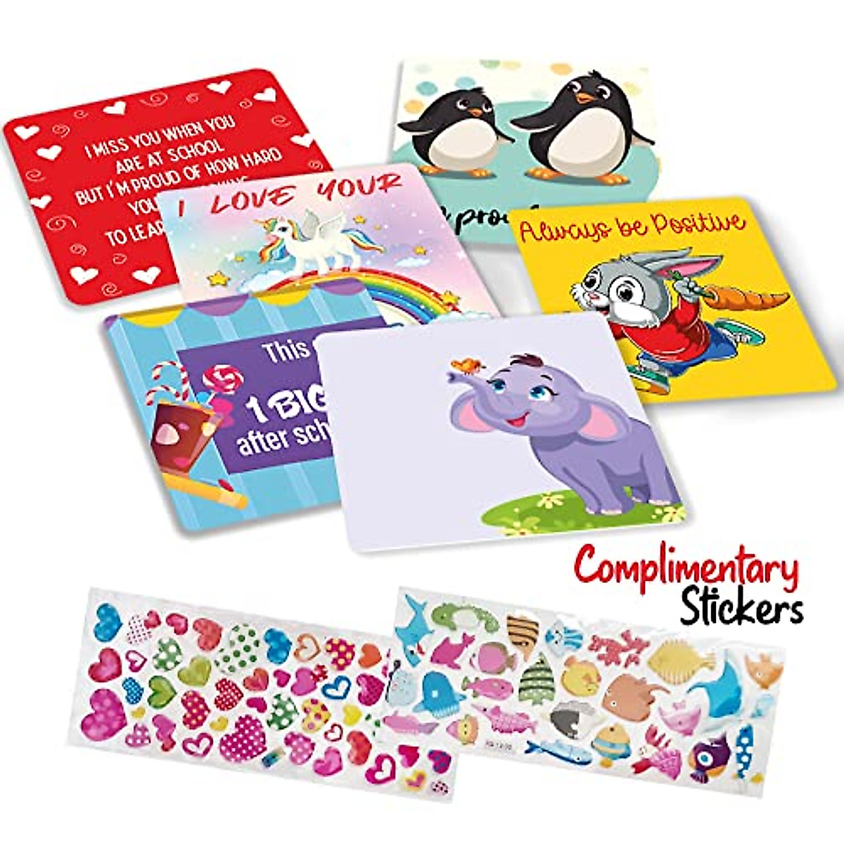 50 Different Design Cards Lunch Notes for Kids, with 20 sheets of Complimentary Puffy Stickers, Lunch Box Notes for Kids Unique Designs, Lunch Box Notes for Boys and Girls, Kids Affirmation Cards