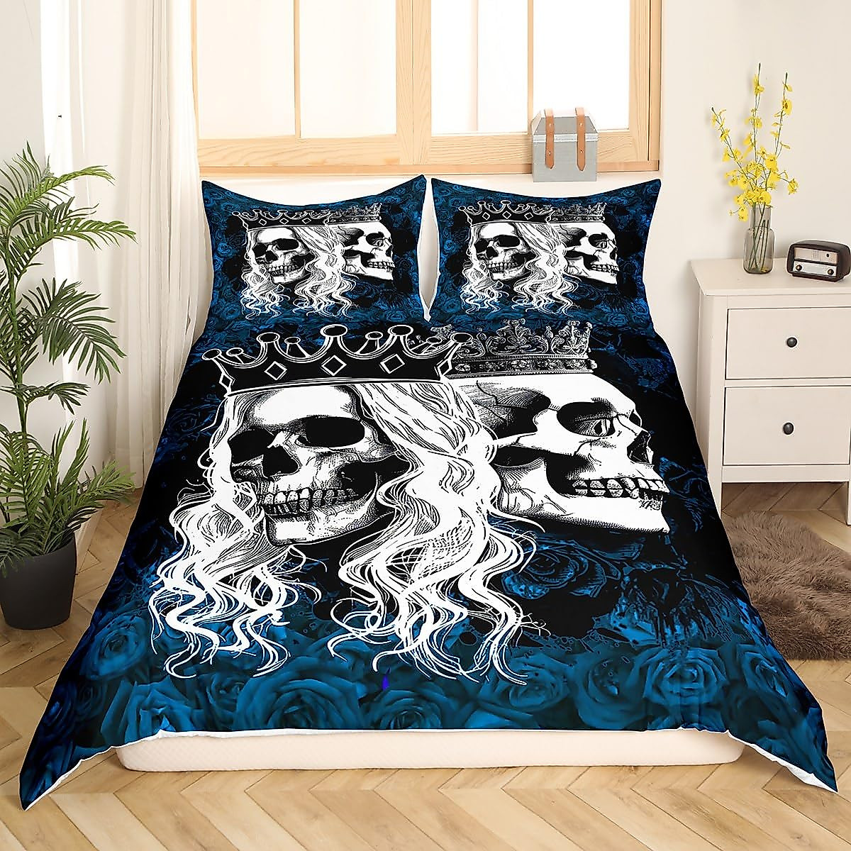 Manfei Gothic Skull Duvet Cover Set King Size, Skeleton Couple Comforter Cover with 2 Pillowcases, Blue Rose Flower Bedding Set 3pcs for Kids Boys Girls Adults Room Decor Lightweight Bedspread Cover