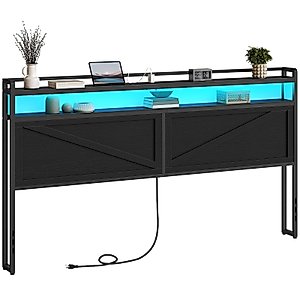 HOOBRO King Size Headboard, Headboard with Charging Station and LED Light Strip, 2-Tier Storage Headboard with Outlets and USB Ports, Industrial Style, for King Size Beds, Black