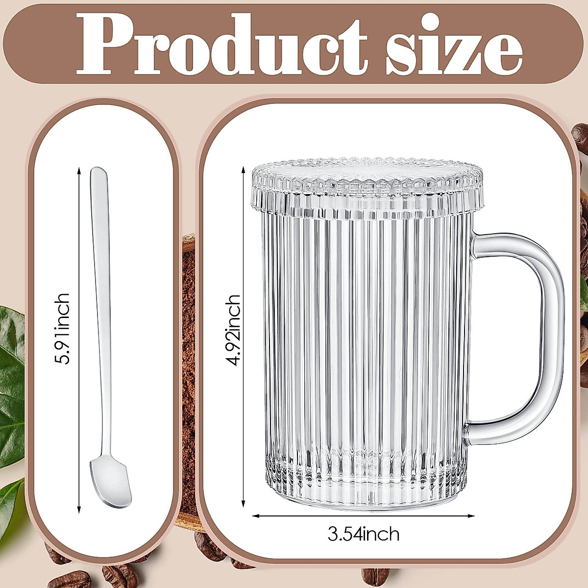 Suclain 4 Pieces Glass Coffee Mugs Clear Vertical Stripes Tea Mug with Lid and Spoon Ribbed Glasses for Espresso Milk Chocolate Latte Juice Anniversary and Birthday, 11.8 oz