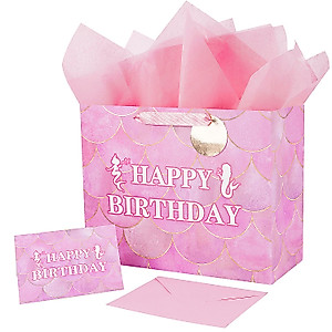 Jaywayang 12.6" Large Pink Mermaid Happy Birthday Gift Bag with Card, Tissue Paper and Tag for Kids Girls Birthday Party.