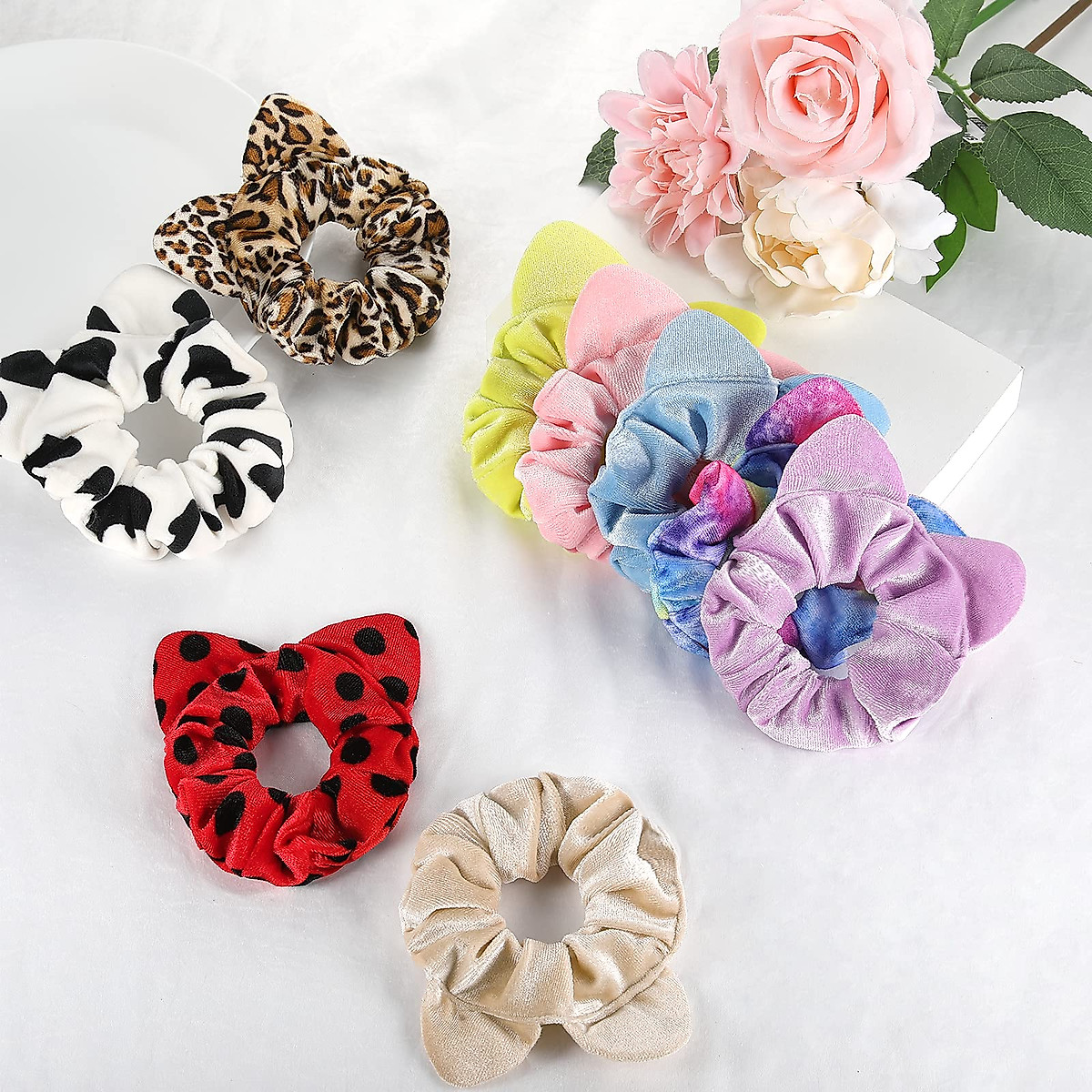 Mouse Ear Scrunchies for Hair, Funtopia 9 Pcs Cute Velvet Scrunchies for Women Girls Kids, Fashion Colorful Scrunchy Hair Ties Ponytail Holders for Birthday Party Gift
