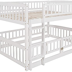 Harper & Bright Designs Full Over Full Low Bunk with Slide,Low Bunk Bed with Ladder,Wooden Bunk Bedframe with Fence for Toddler Kids Teens,No Box Spring Needed (White)