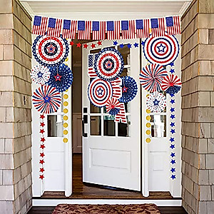 Bulk Patriotic Red White Blue Party Decoration Assortment American USA Flag Banner Star Garland Hanging Paper Fans Hanging Swirl Tissue Paper Pom Poms for 4th of July Independence Day Memorial Day
