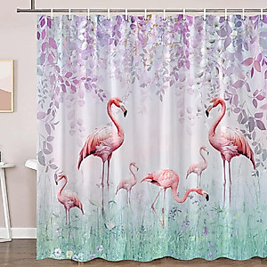 Xnichohe Pink Flamingo Shower Curtain Tropical Jungle Animal Purple Flower Vine Leaves Fairytale Magic Fog Forest Polyester Cloth Fabric Bathroom Curtains Decor Set with Hooks,70 x70 Inches