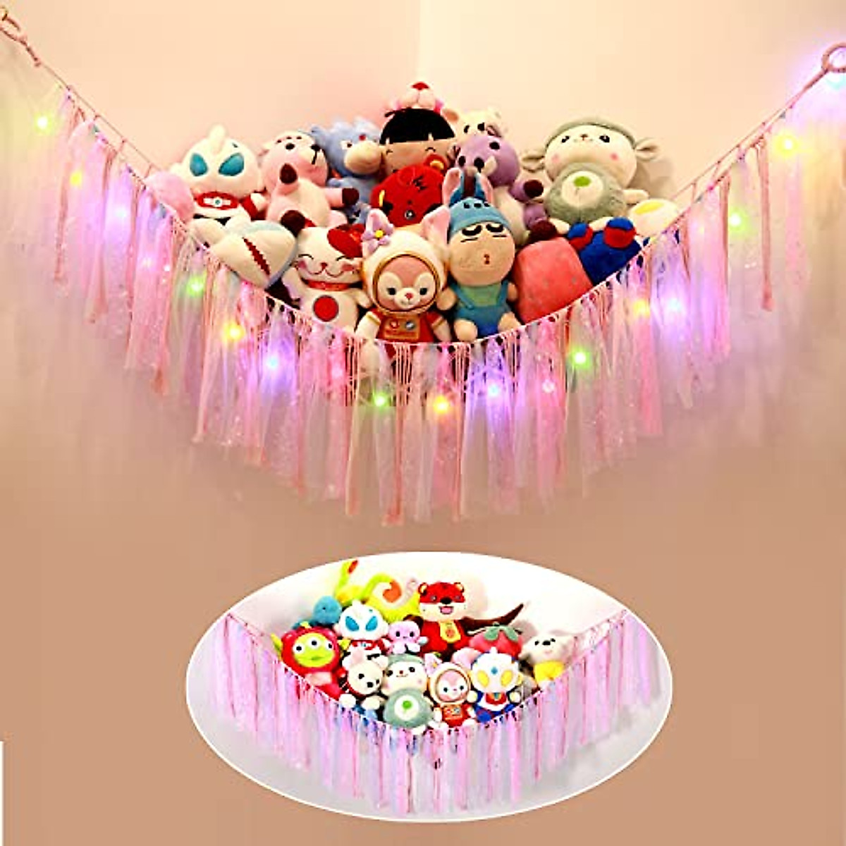 Stuffed Animal Net or Hammock with LED Light, Toy Hammock Hanging Stuffed Animal Storage Organizer Holder for Nursery Playroom Bedroom Kids Room Toy Storage (Pink)