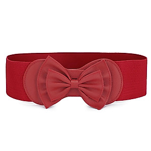 Allegra K Women Bowtie Ornament Press Stud Button Elastic Waist Cinch Belt one size Red