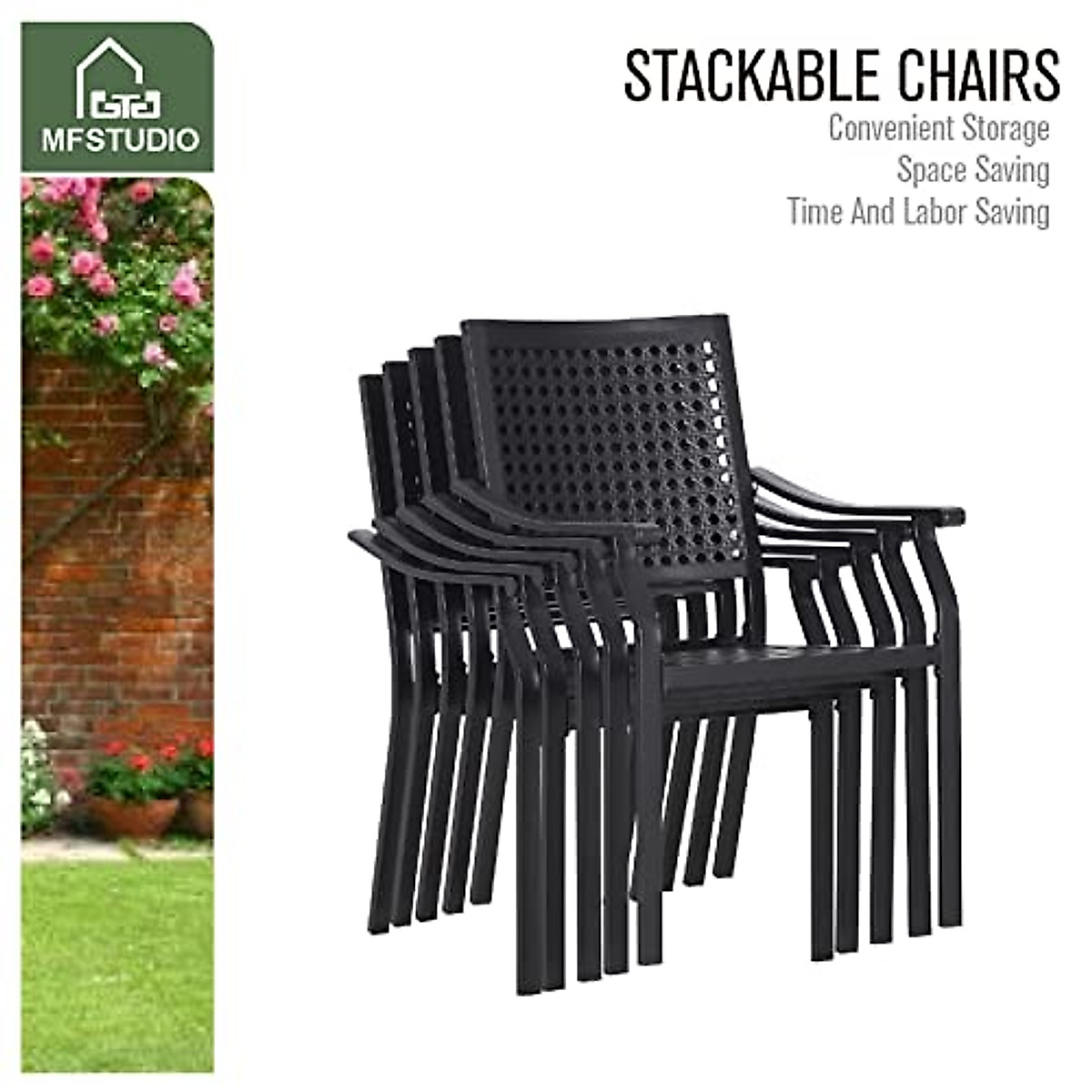 MFSTUDIO 6 Piece Black Patio Dining Chairs,Stackable Outdoor Metal Mesh Chairs with Armest for Garden, Poolside, Backyard, Bistro