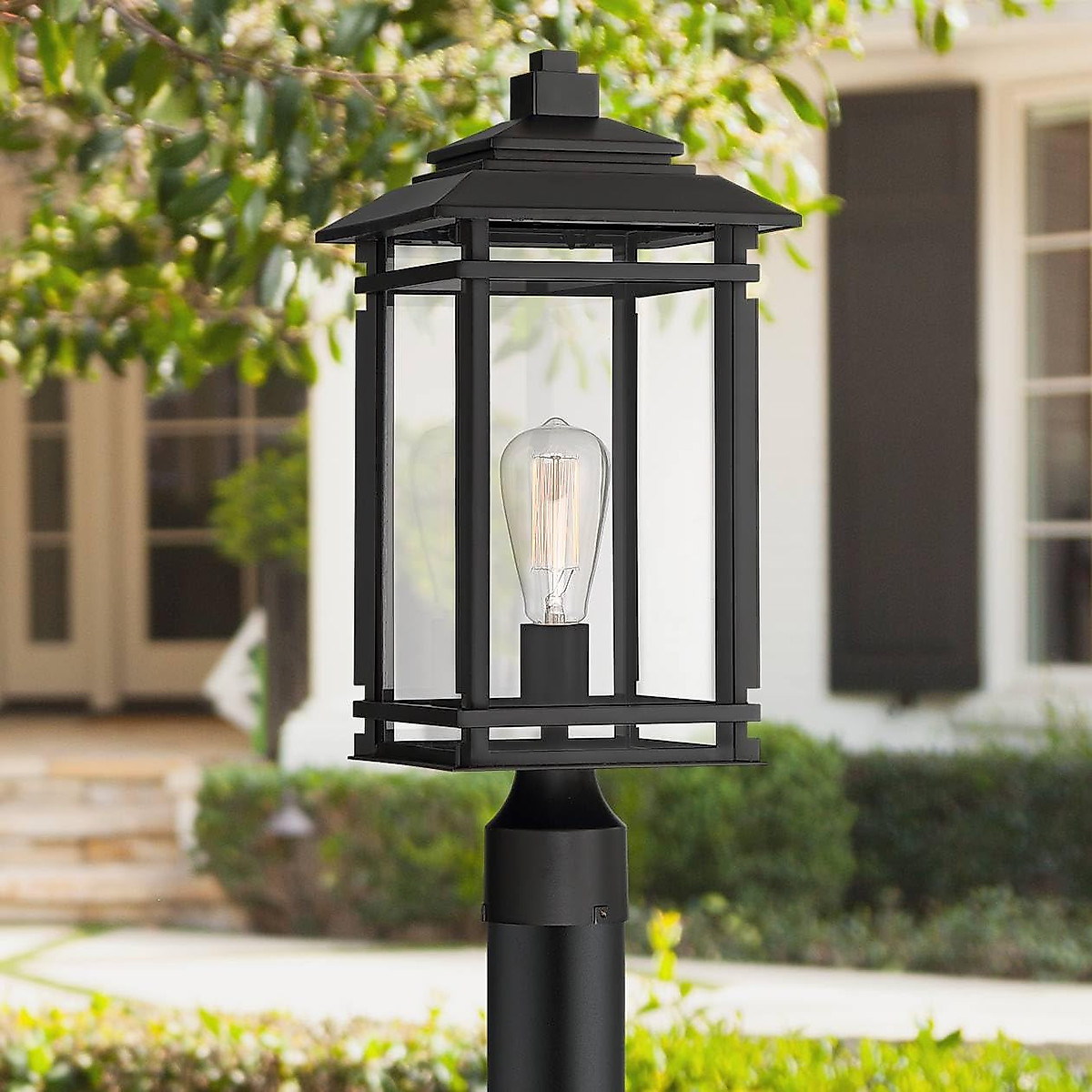 John Timberland North House Mission Traditional Outdoor Post Light Fixture Matte Black Metal 19 1/2" Clear Glass Shade Exterior House Porch Patio Outside Deck Garage Yard Front Door Garden Home