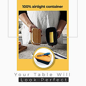 Xabono Butter Dish With Lid Blue Large Butter Dish Preserve the Freshness - Butter Storage Bamboo Lid Butter Dish with Knife - Bamboo Butter Dish Attractive Ceramic Butter dish with lid and Knife