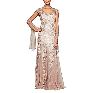 Alex Evenings Women's Long V Neck Fit and Flare Dress with Shawl (Petite Regular), Rose Gold, 6P