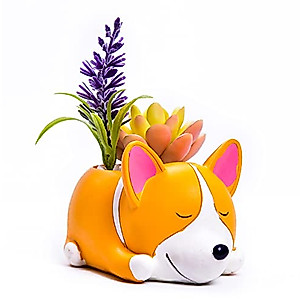 Cute Corgi Sleeping Pet Flowerpot with Drainer Garden Flowerpot Resin Succulent Potted Bonsai Plant Stand Home Desk Mini Ornaments Balcony Gardening Flowerpot Does Not Contain Plants