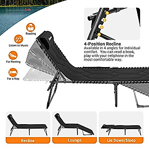 KingCamp Oversized Padded Folding Lounge Chair for Outdoor Patio Beach Lawn Pool Sunbathing Tanning, 5-Position Heavy Duty Portable Padded Camping Cot with Pillow, Support 300LBS