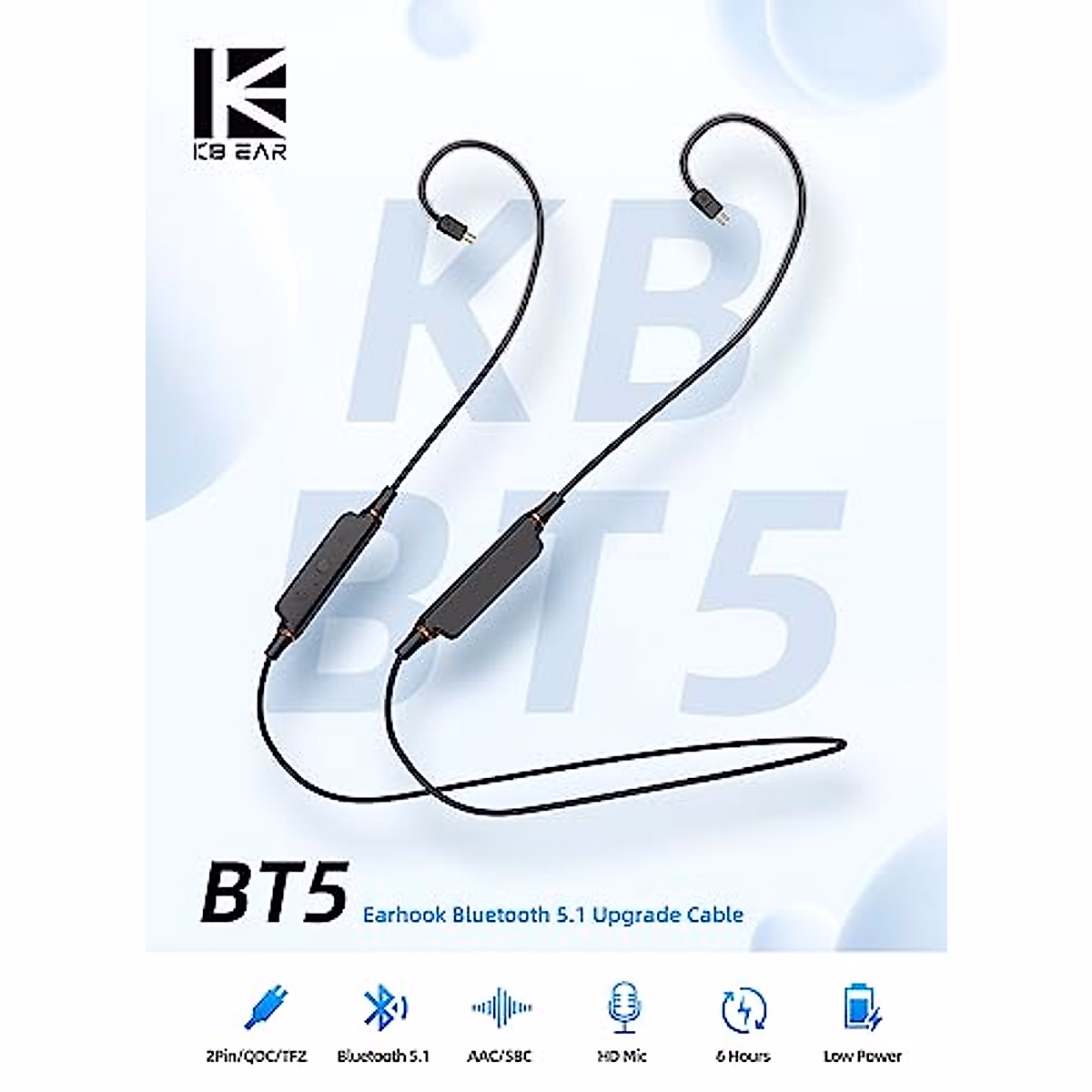 KBEAR BT5 Neckband Bluetooth Earphone IEM Cable with HD Mic,Type-C for Charging,IPX5 Waterproof,Wireless Replacement Cable for KZ ZST/ZSR/ED12/ES3/ES4/ZS10/AS06/AS10/ZSTX/EDX/CCA C10 Earbuds(B Pin)