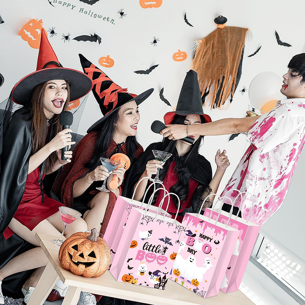 Kolldenn 48 Pieces Pink Halloween Snack Bags with Handle Hey Boo Treat Bags Bulk Little Boo Paper Gift Bags Pink Halloween Party Favor Bags Boo Bags for Halloween Party Decor