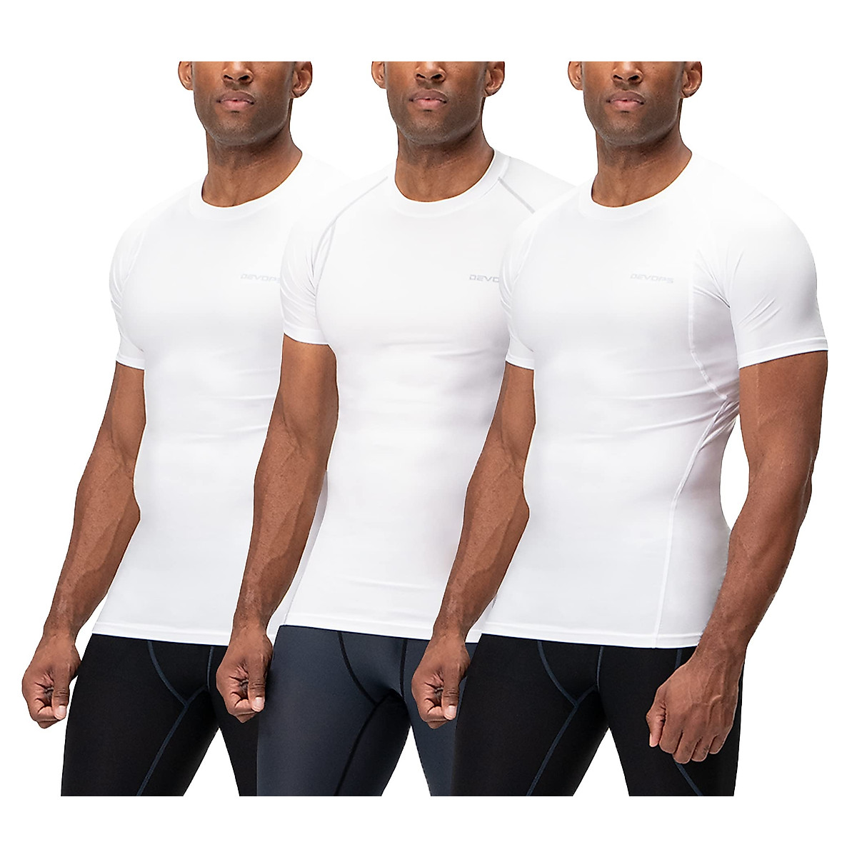 DEVOPS 3 Pack Men's Cool Dry Short Sleeve Compression Shirts, Sports Baselayer T-Shirts Tops, Athletic Workout Shirt (Large, White/White/White)