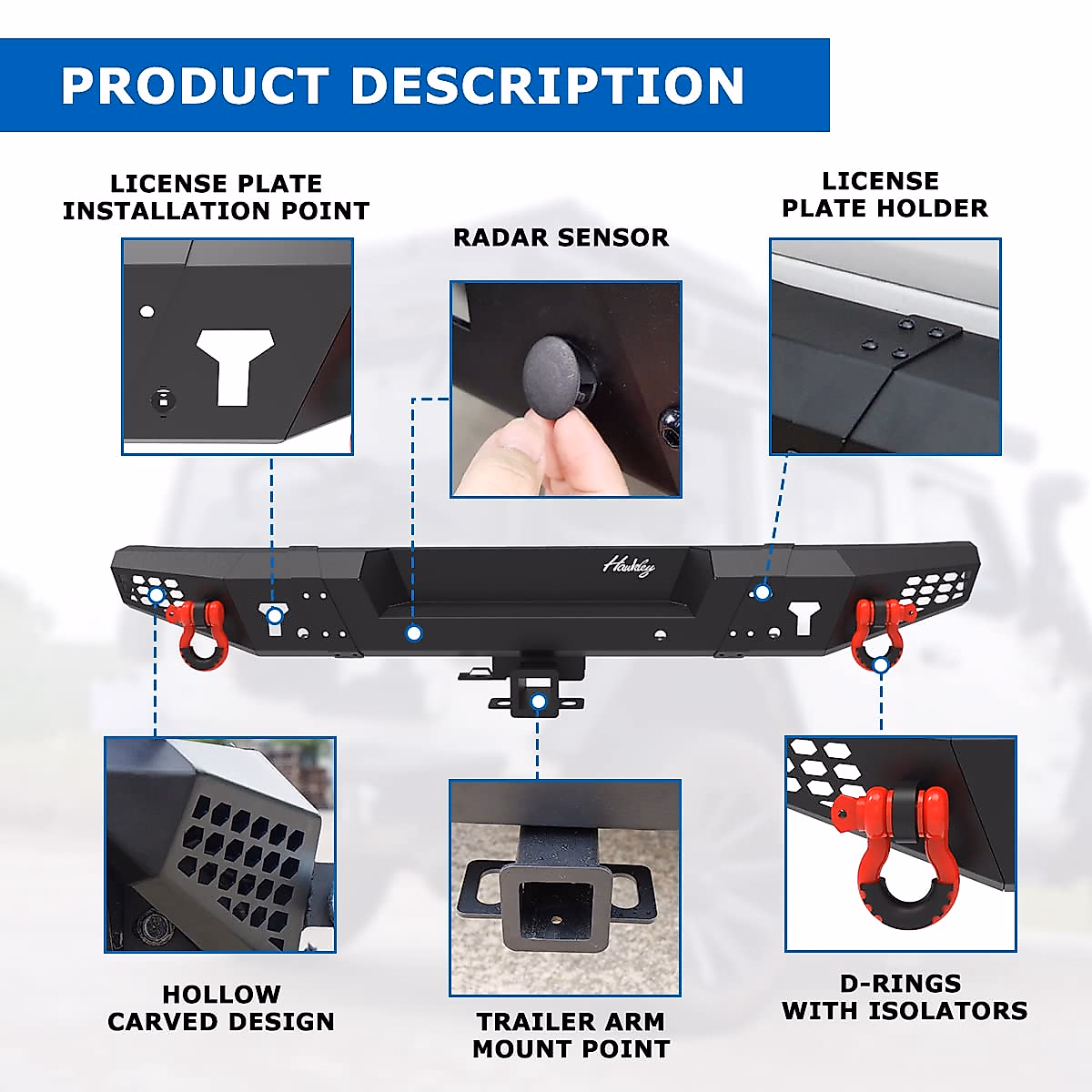 Rear Bumper for Jeep 2007-2018 Wrangler JK Unlimited, HAWKLEY Alloy Steel Full Width JK Rear Bumper with D-ring and 2" Standard Receiver Hitch for 07-18 Wrangler JKU Unlimited 4WD 2WD