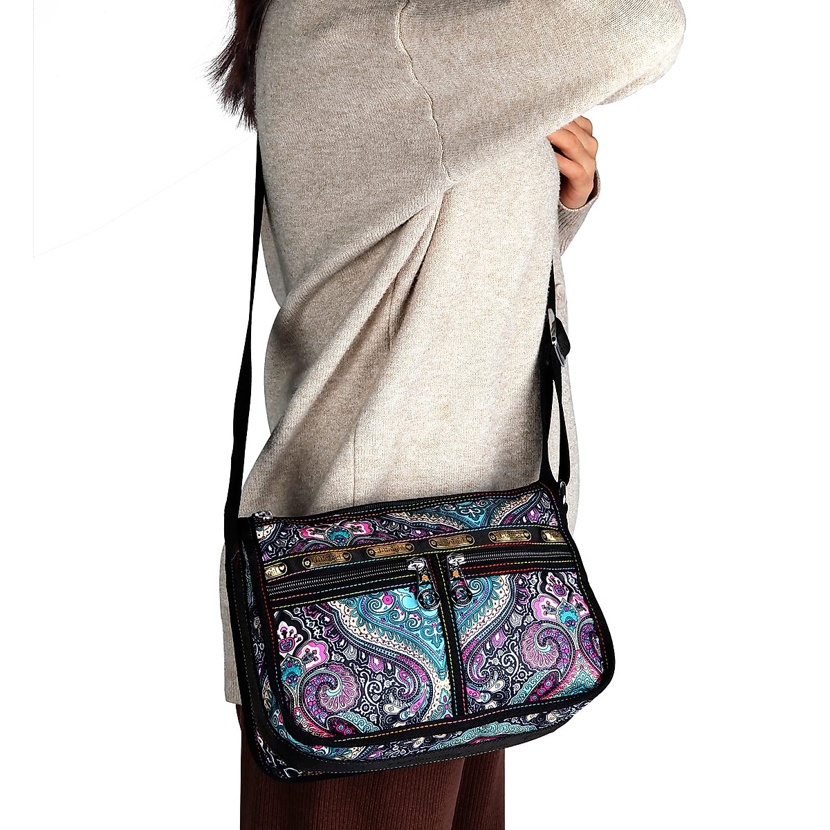 Oudduo Women Lady Shoulder Bag Mandala Black Nylon Crossbody Bag Casual Crossbody Bag Multiple Compartments