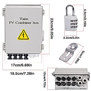 Taiss 4 String PV Combiner Box Solar Combiner Box with 63A Circuit Breaker and 15A Rated Current Fuse & Lightning Arreste Solar Connectors,IP65 Waterproof for On/Off Grid Solar Panel System