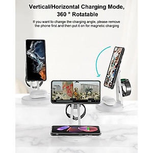 Magnetic Wireless Charging Station for Samsung, 3 in 1 Charging Stand 18W Mag-Safe Fast Charger Compatible for S23/S22/S21/S20/S10/Note 20/Z Flip 4, for iPhone 15,14,13,12, for Galaxy Watch & Buds