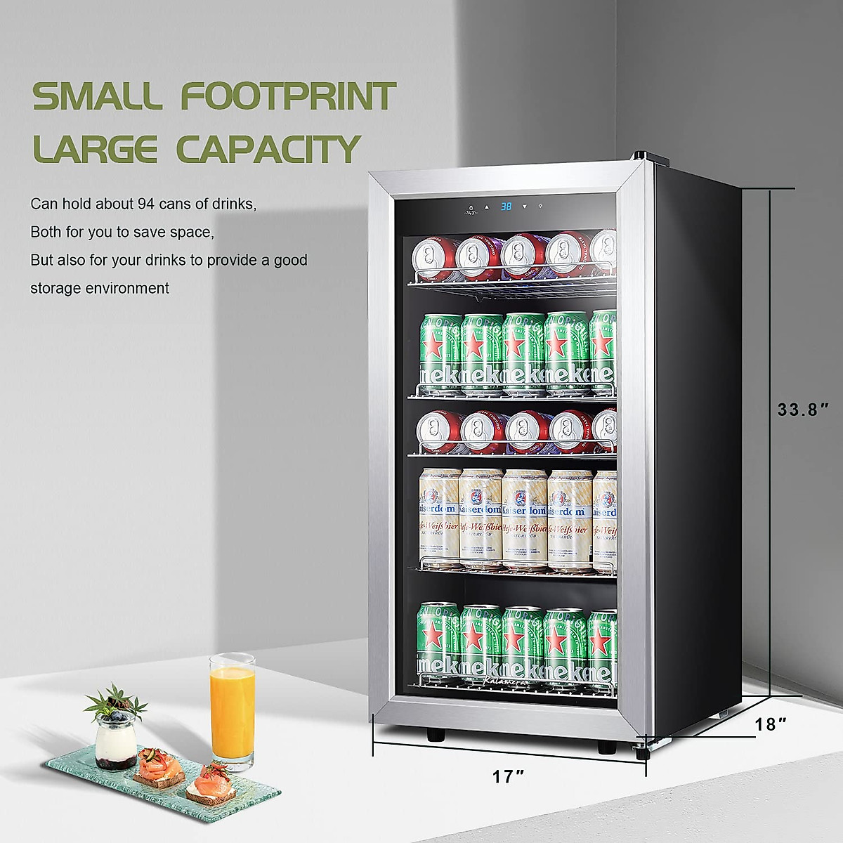 Kalamera Mini Beverage Refrigerator Freestanding- 120 Cans Capacity Beverage Cooler- for Soda, Water, Beer or Wine - For Kitchen or Bar with Whit Interior Light