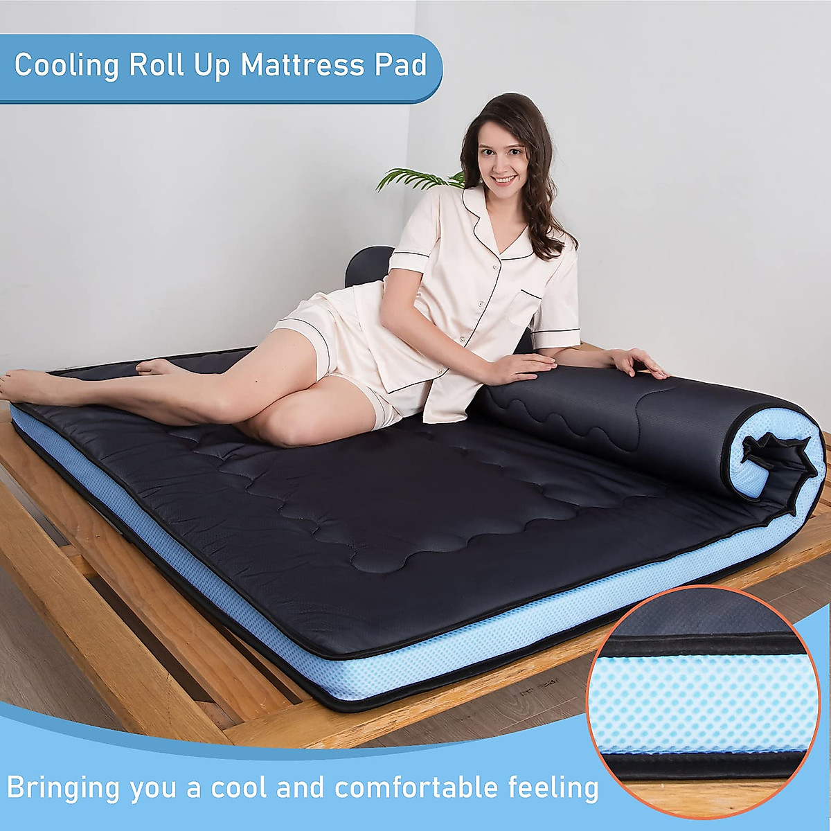 MAXYOYO Cooling Floor Mattress Japanese Futon Mattress for Hot Sleepers, Cooling Mattress Pad Portable Camping Mattress Roll Up Mattress for Summer, Breathable Mesh, Cool Sleep, Charcoal Black, Full