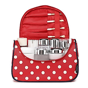 Yeiotsy Travel Makeup Bag Cute, Stylish Polka Dots Cosmetic Bag for Women Hanging Toiletry Bag Organizer (Classic Red)