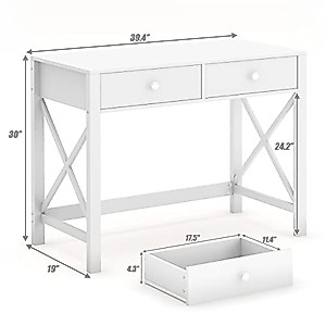 EdMaxwell White Home Office Desk with Drawers, Modern Writing Computer Desk, Small Makeup Vanity Table Desk for Bedroom, Study Table for Home Office