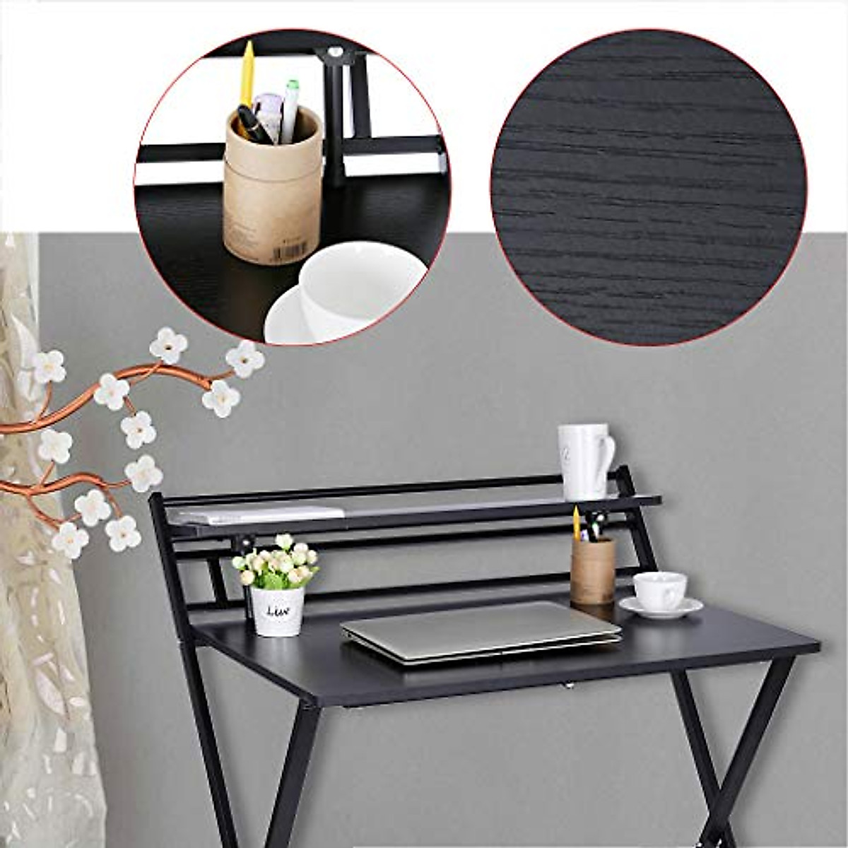 Riverdalin Modern Folding Desk,Foldable Study Desk for Small Space,Home Office Laptop Table with Shelf,Computer Gaming Writing Eating Multi-Purpose Portable Organization (Black)