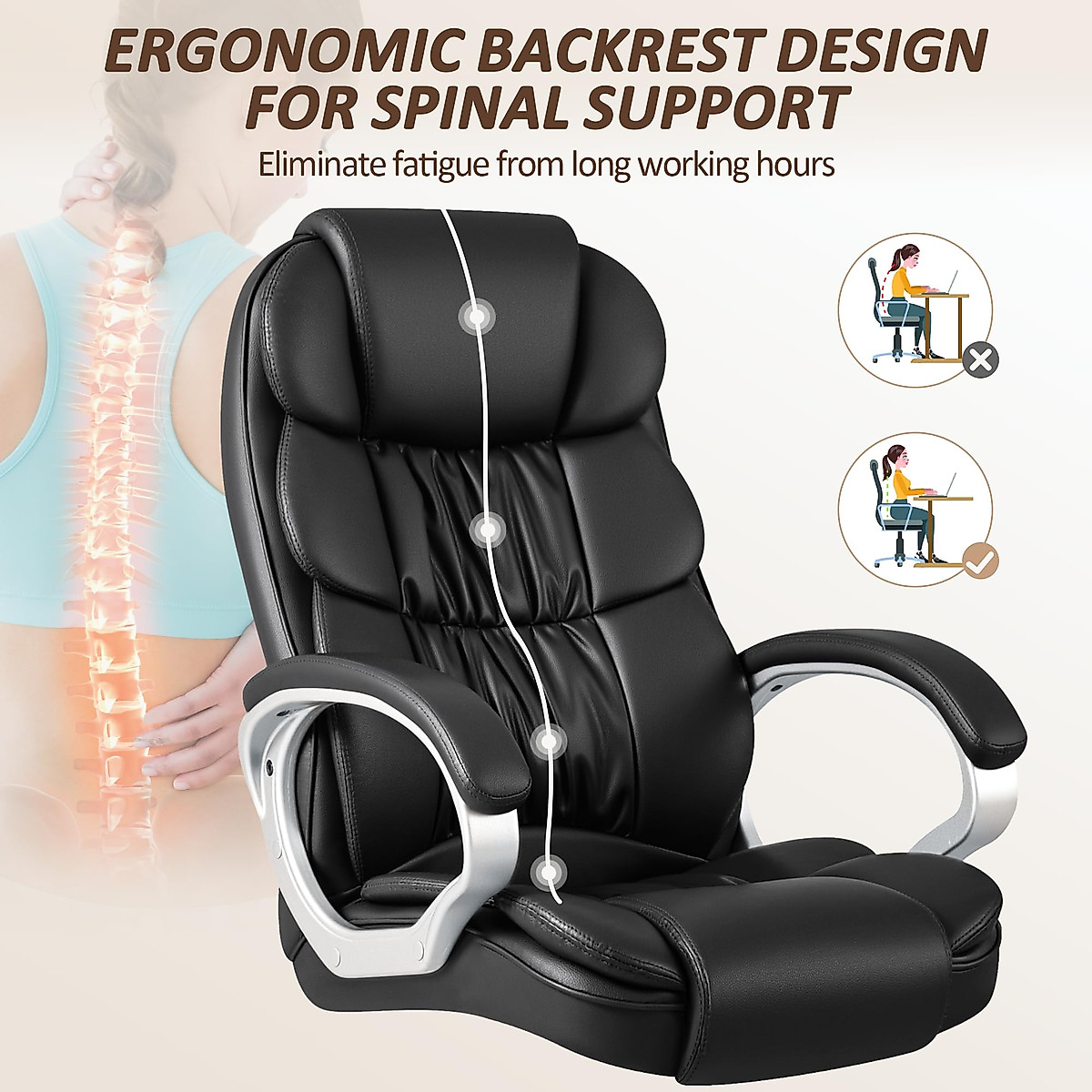 Homall Office Chair High Back Computer Chair Ergonomic Desk Chair, PU Leather Adjustable Height Modern Executive Swivel Task Chair with Padded Armrests and Lumbar Support (Black)