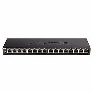 D-Link Ethernet Switch, 16 Port Gigabit Slim Switch Plug and Play, Unmanaged, Metal Housing, Quiet Fanless Design, IEEE 802.3az EEE, 5-Year Limited Warranty (DGS-1016S) Black
