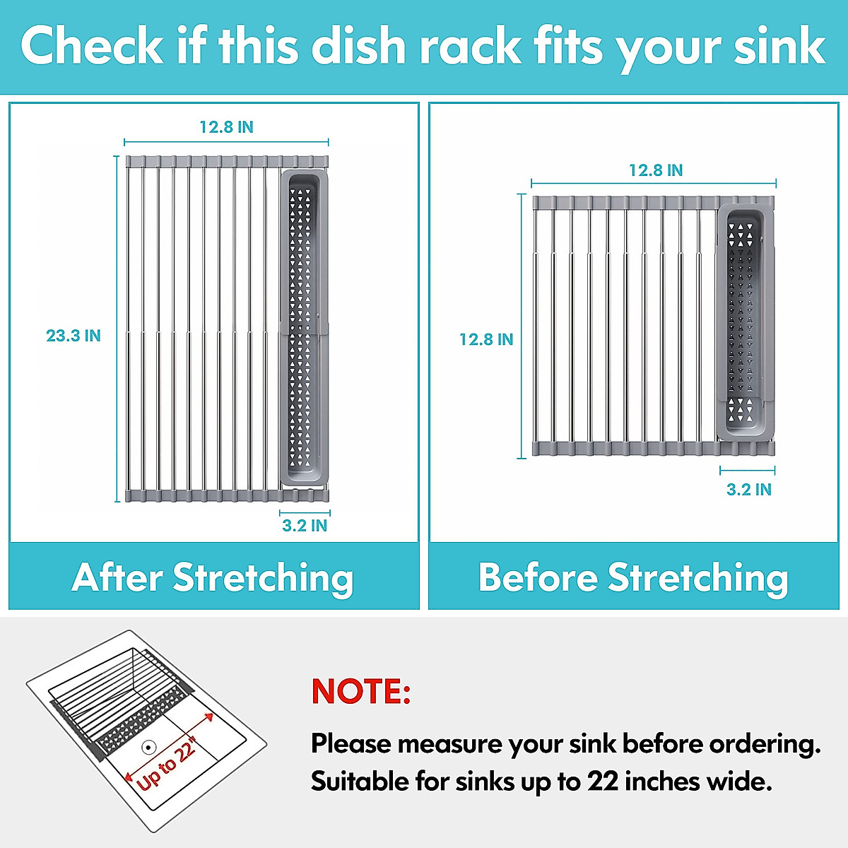 BOOSINY Roll Up Dish Drying Rack, Over The Sink Dryer Rack for Kitchen Counter (12.8"-23.3" x 12.8"), Expandable 304 Stainless Steel Dish Drainer for Inside Sink, Sink Cover with Utensil Holder