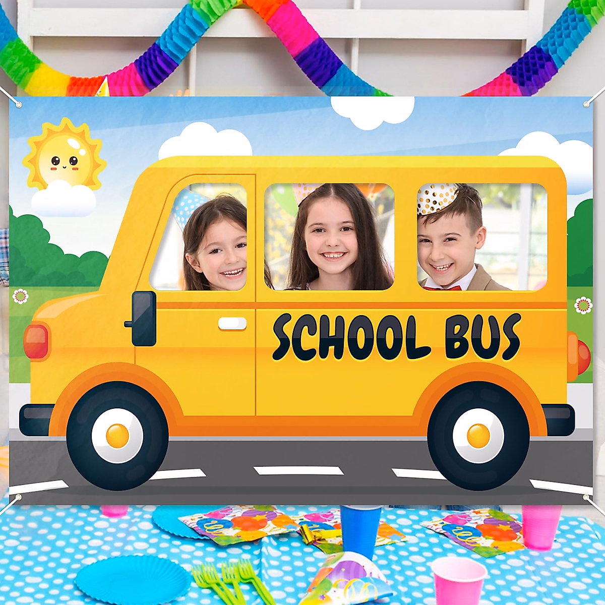 School Bus Photo Prop Selfie Frame Fabric Back to School First Day of School Background Banner Birthday Party Supplies The Bus Party Sign Decor, 59 x 41in