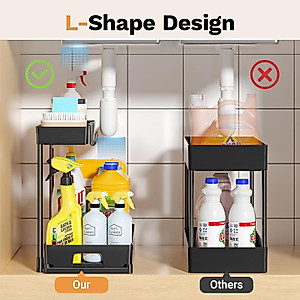 TidyLamu 2 Pack Under Sink Organizers and Storage, 2 Tier L-Shape Pull Out Under Cabinet Organizer, Black Under Bathroom Kitchen Sink Organizer with Drawer for Under Counter Storage Organizer