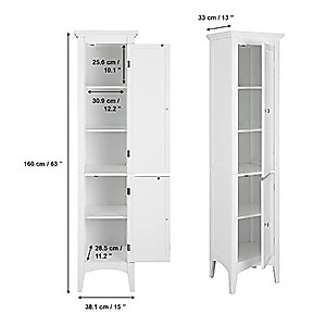 Elegant Home Fashions Glancy Linen Tower Freestanding Cabinet Tall Narrow Bathroom Kitchen Living Room Storage with 2 Shutter Doors 5 Tier Shelves, White, Standard