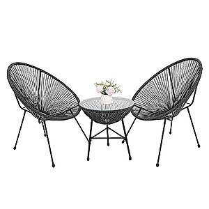 voqoomkl 3-Piece Outdoor Acapulco Chair, All-Weather Weave Lounge Chair,Patio Conversation Bistro Set with Glass Top Table,Balcony Chair Egg Chairs for Porch, Lawn, Balcony, Poolside Seating