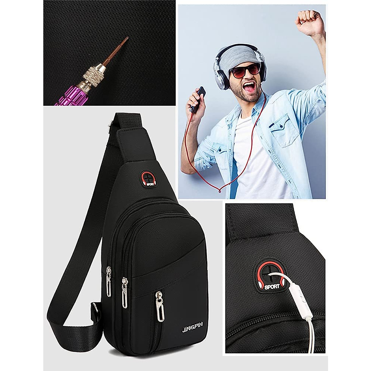 YERCHIC Small Sling Bag for Men Crossbody One Strap Casual Daypack Bag with Earphone Hole for Travel Outdoor Sports (Black)