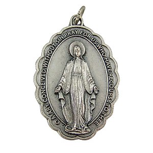 Devotional Gifts and Medals Silver Toned Our Lady of Grace Miraculous Medal with Scallop Border, 2 1/4 Inch