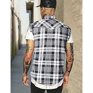 NUTEXROL Men's Casual Flannel Plaid Shirt Sleeveless Cotton Plus Size Vest X-Large Black and white