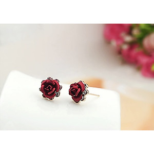 Rose Gold Plated Simple Red Rose Stud Earrings Fashion Jewelry for Women