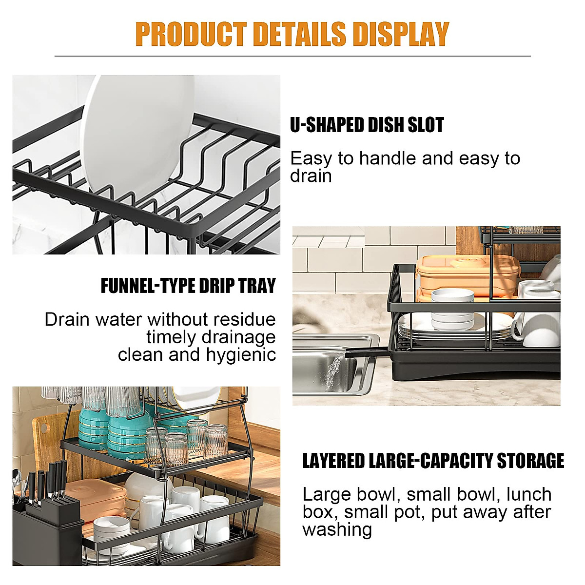 7 code 3-Tier Large Dish Racks for Kitchen Counter,Dish Drying Rack,Detachable Large Capacity Dish Drainer Organizer with Utensil Holder, Cup Holder,Dish Drying Rack with Drain Board ,Black