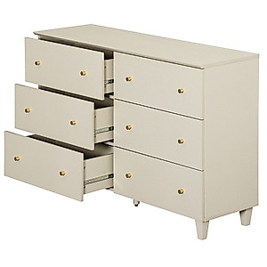 WAMPAT 6 Drawers Dresser for Bedroom, 47.2" Wide Double Dressers with Chest of Drawers, Modern Beige Wood Closet Storage Organizer with Gold Knobs & Solid Legs for Kids Baby Room, Nursery