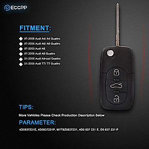 ECCPP 2PCS Uncut Keyless Entry Remote Control Car Key Fob (Shell Case) for A udi A4 for Audi TT/ A6 Quattro / A8 Quattro/Allroad Quattro/TT Quattro 4D0837231E 4D0837231P MYT8Z0837231