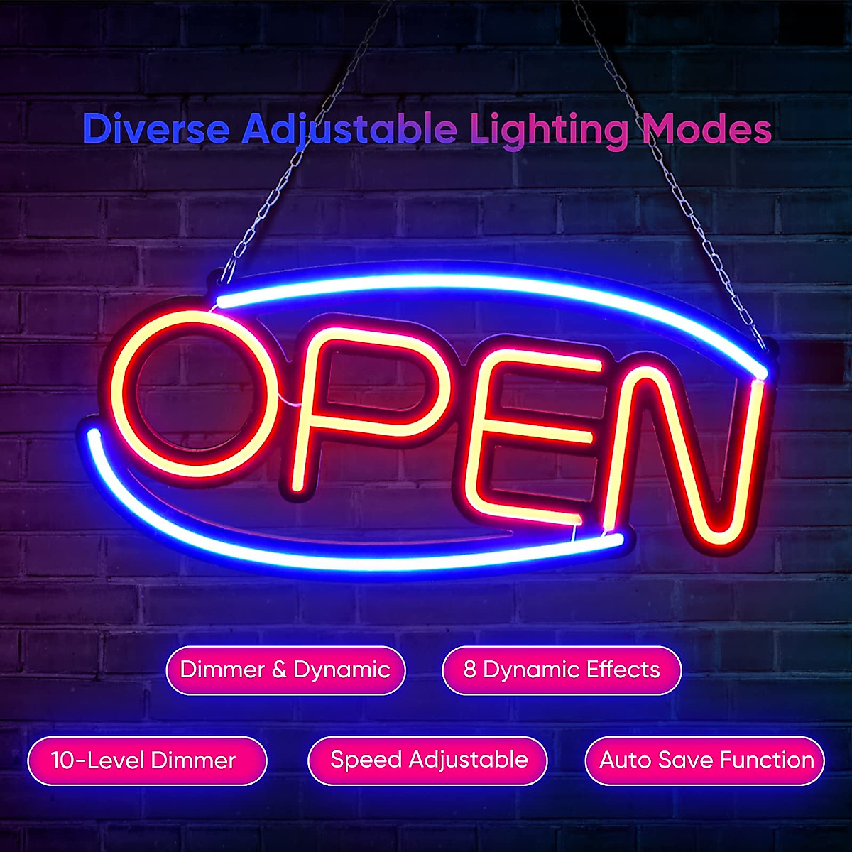 LED Neon Open Sign for Business, YHomU 24" x 12" Large LED Business Neon Open Sign, Remote Control Bright Light Sign with Dimmer & 8 Dynamic Effects, Business Open Sign for Cafes Stores