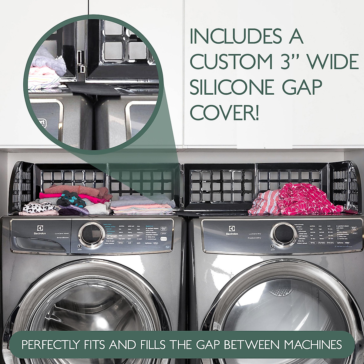 ELTOW Laundry Guard with Silicone Gap Cover, Magnetic Fence for Washer/Dryer to Keep Clothes from Falling Behind, with 8 Strong Magnets, Laundry Room Accessories, Fits Most Washers (Black)