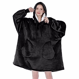 PAVILIA Wearable Blanket Sweatshirt for Women Men, Black, Warm Cozy Giant Blanket Hoodie, Fleece Sherpa Oversized Blanket Sweatshirt with Sleeves, Big Pocket